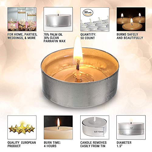 Hyoola Tea Lights Candles - 50 Bulk Candles Pack - Tea Candles Unscented- European Made Tealight Candles