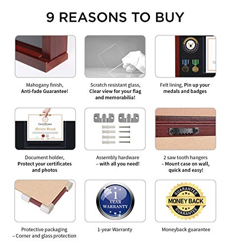 flybold Small Flag Case for American Veteran Burial Flag - Solid Wood Military Shadow Box with Wall Mount fits a 3 x 5 ft Folded Flag Display Case Set with Certificate Holder - Mahogany Frame