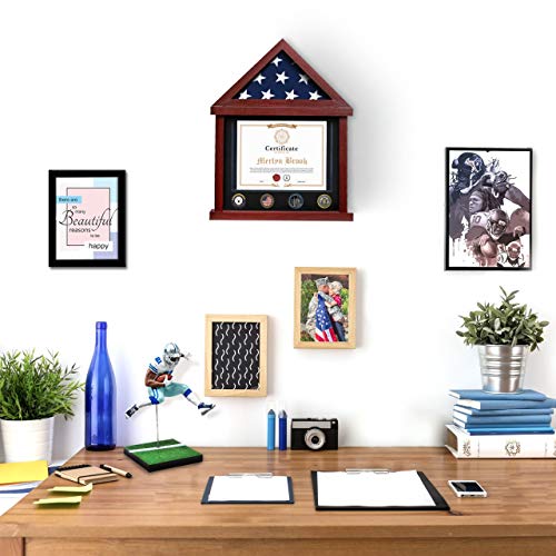 flybold Small Flag Case for American Veteran Burial Flag - Solid Wood Military Shadow Box with Wall Mount fits a 3 x 5 ft Folded Flag Display Case Set with Certificate Holder - Mahogany Frame