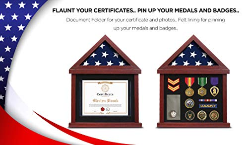 flybold Small Flag Case for American Veteran Burial Flag - Solid Wood Military Shadow Box with Wall Mount fits a 3 x 5 ft Folded Flag Display Case Set with Certificate Holder - Mahogany Frame