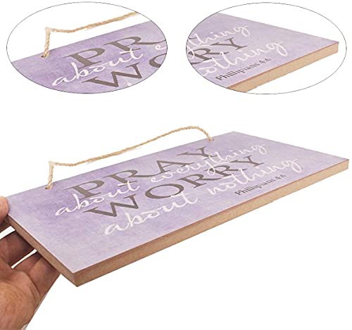 Ergonflow Pray About Everything Wooden Sign Decor 9.5" by 5.75" Decorative Signs Inspirational Sign, Wood Hanging Sign with Rope