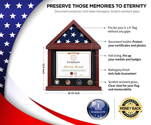 flybold Small Flag Case for American Veteran Burial Flag - Solid Wood Military Shadow Box with Wall Mount fits a 3 x 5 ft Folded Flag Display Case Set with Certificate Holder - Mahogany Frame