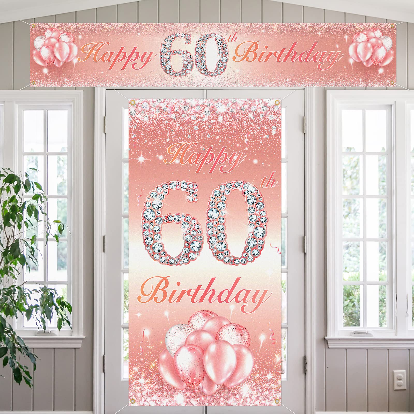 Happy 60th Birthday Door Cover Porch Long Banner Sign Set 60 Years Old Birthday Decoraions Party Supplies for Women Rose Gold