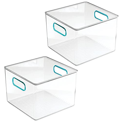 mDesign Plastic Storage Bin with Handles for Organizing Hand Soaps, Body Wash, Shampoos, Lotion, Conditioners, Hand Towels, Hair Accessories, Body Spray, Mouthwash - 8" Square, 2 Pack - Clear/Blue