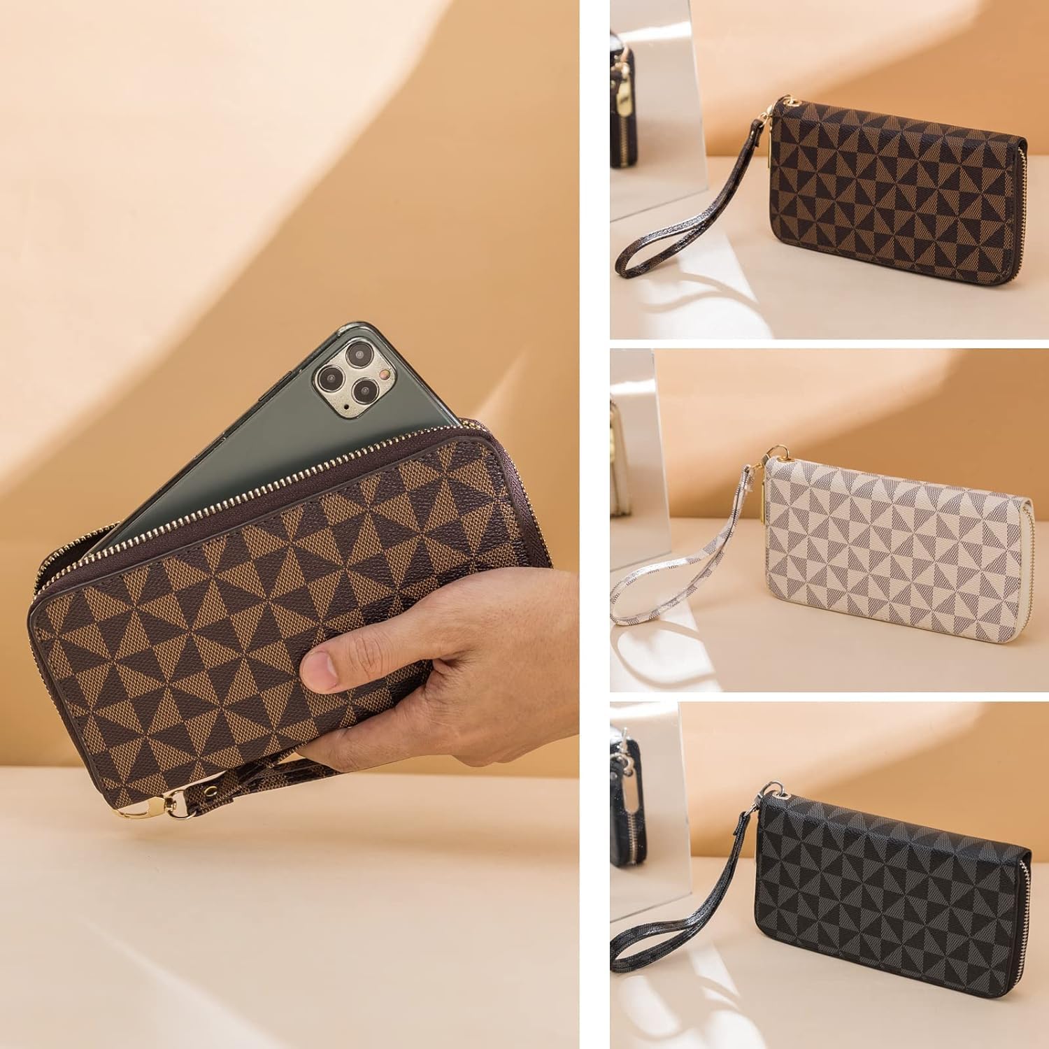 Women's wallet Wristlet Wallets for Women Large capacity travel zipper wallet multi card men's mobile phone change wallet Womans Wallet Ladies Wrist Wallet (Brown)