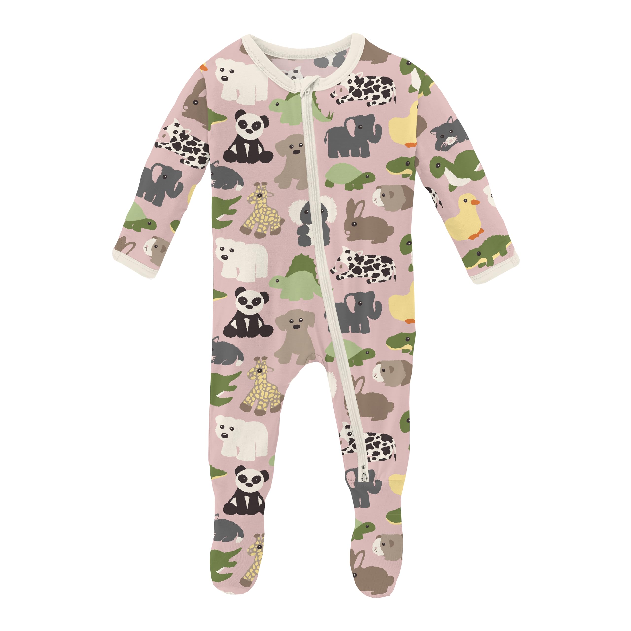 KicKee Print Footie with Zipper, Fitted Long Sleeve Pajamas, Ultra Soft Everyday One-Piece Loungewear, 90s (Baby Rose Too Many Stuffies - 12-18 Months)