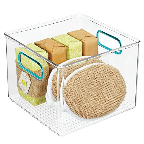 mDesign Plastic Storage Bin with Handles for Organizing Hand Soaps, Body Wash, Shampoos, Lotion, Conditioners, Hand Towels, Hair Accessories, Body Spray, Mouthwash - 8" Square, 2 Pack - Clear/Blue