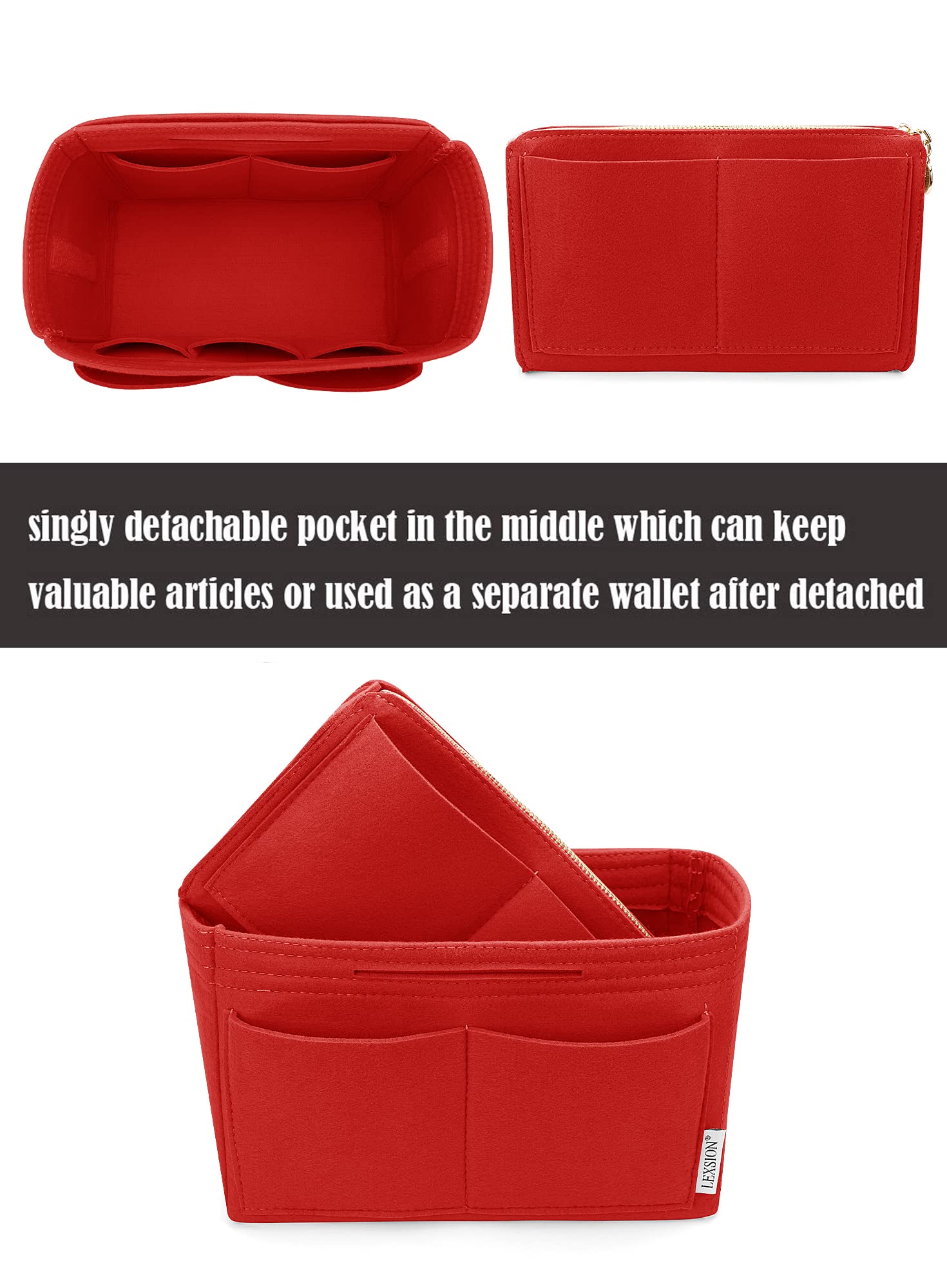 LEXSION Felt Purse Bag Organizer Insert with zipper Bag Tote Shaper Fit Speedy Neverful PM MM 8021 Red M