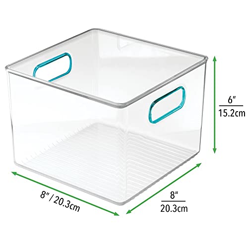 mDesign Plastic Storage Bin with Handles for Organizing Hand Soaps, Body Wash, Shampoos, Lotion, Conditioners, Hand Towels, Hair Accessories, Body Spray, Mouthwash - 8" Square, 2 Pack - Clear/Blue
