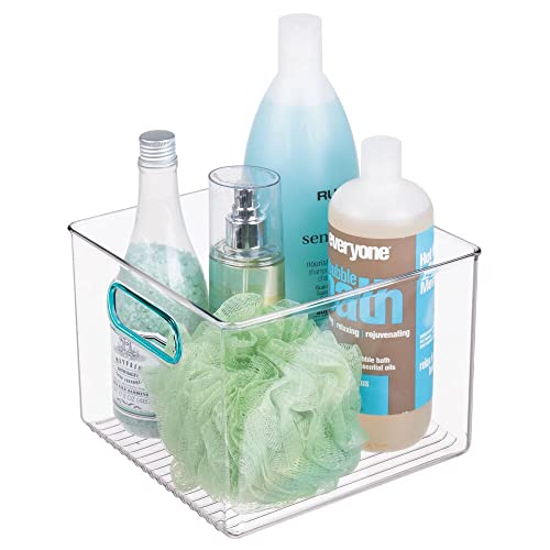 mDesign Plastic Storage Bin with Handles for Organizing Hand Soaps, Body Wash, Shampoos, Lotion, Conditioners, Hand Towels, Hair Accessories, Body Spray, Mouthwash - 8" Square, 2 Pack - Clear/Blue