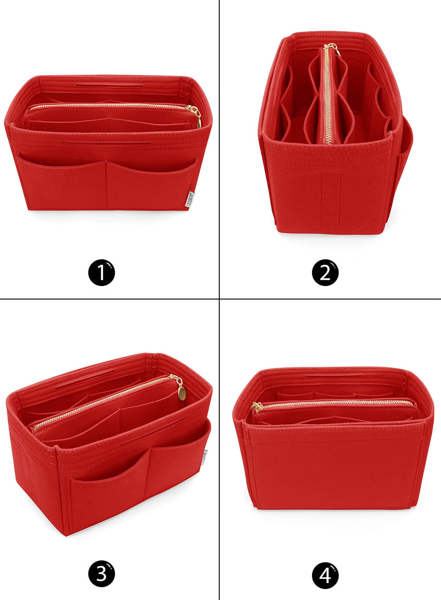 LEXSION Felt Purse Bag Organizer Insert with zipper Bag Tote Shaper Fit Speedy Neverful PM MM 8021 Red M