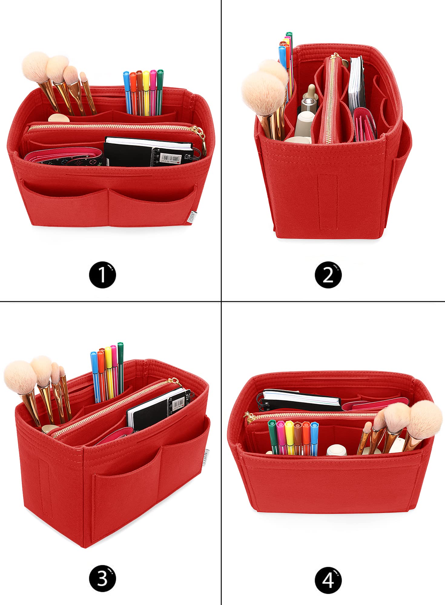 LEXSION Felt Purse Bag Organizer Insert with zipper Bag Tote Shaper Fit Speedy Neverful PM MM 8021 Red M