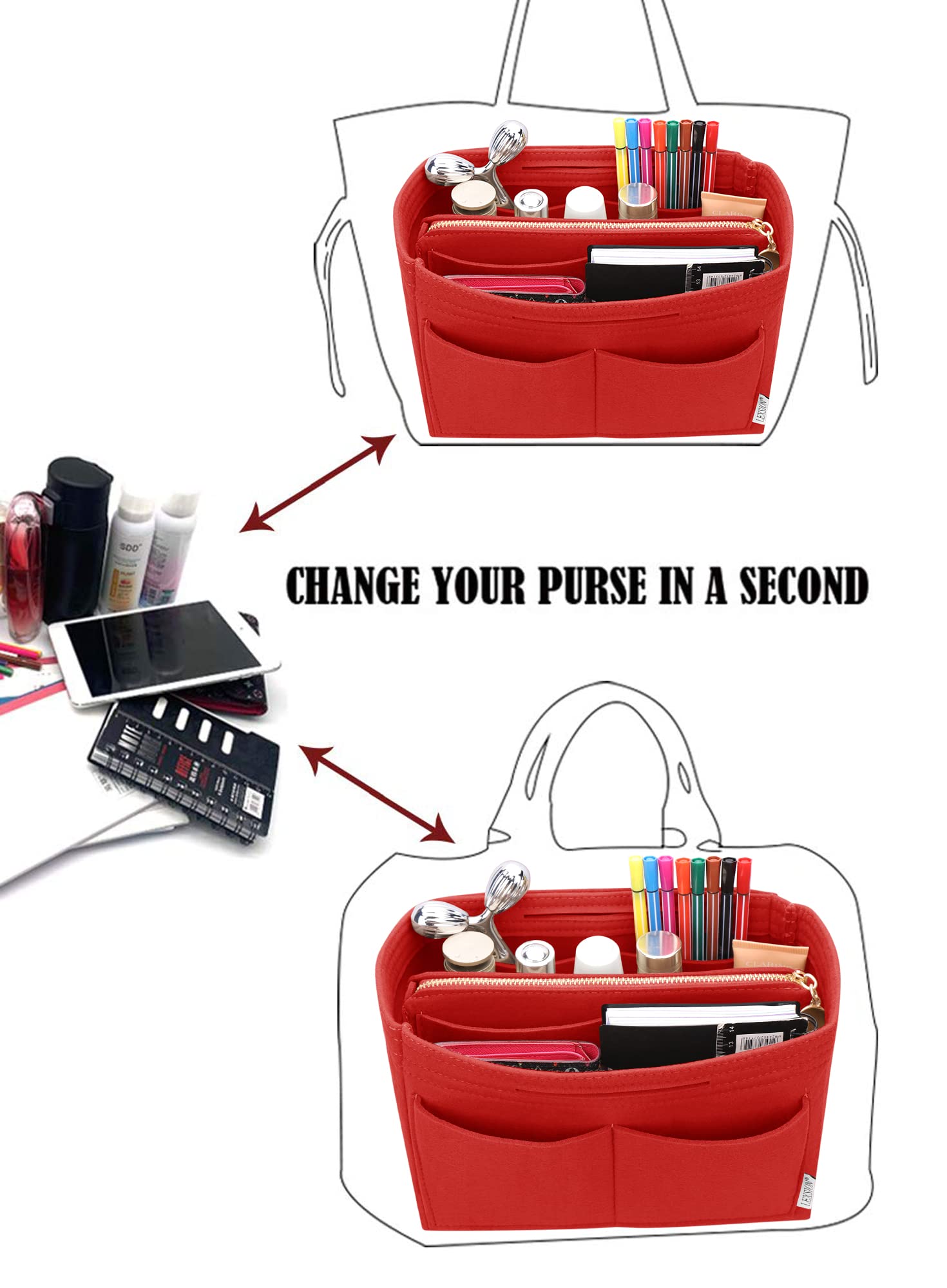 LEXSION Felt Purse Bag Organizer Insert with zipper Bag Tote Shaper Fit Speedy Neverful PM MM 8021 Red M