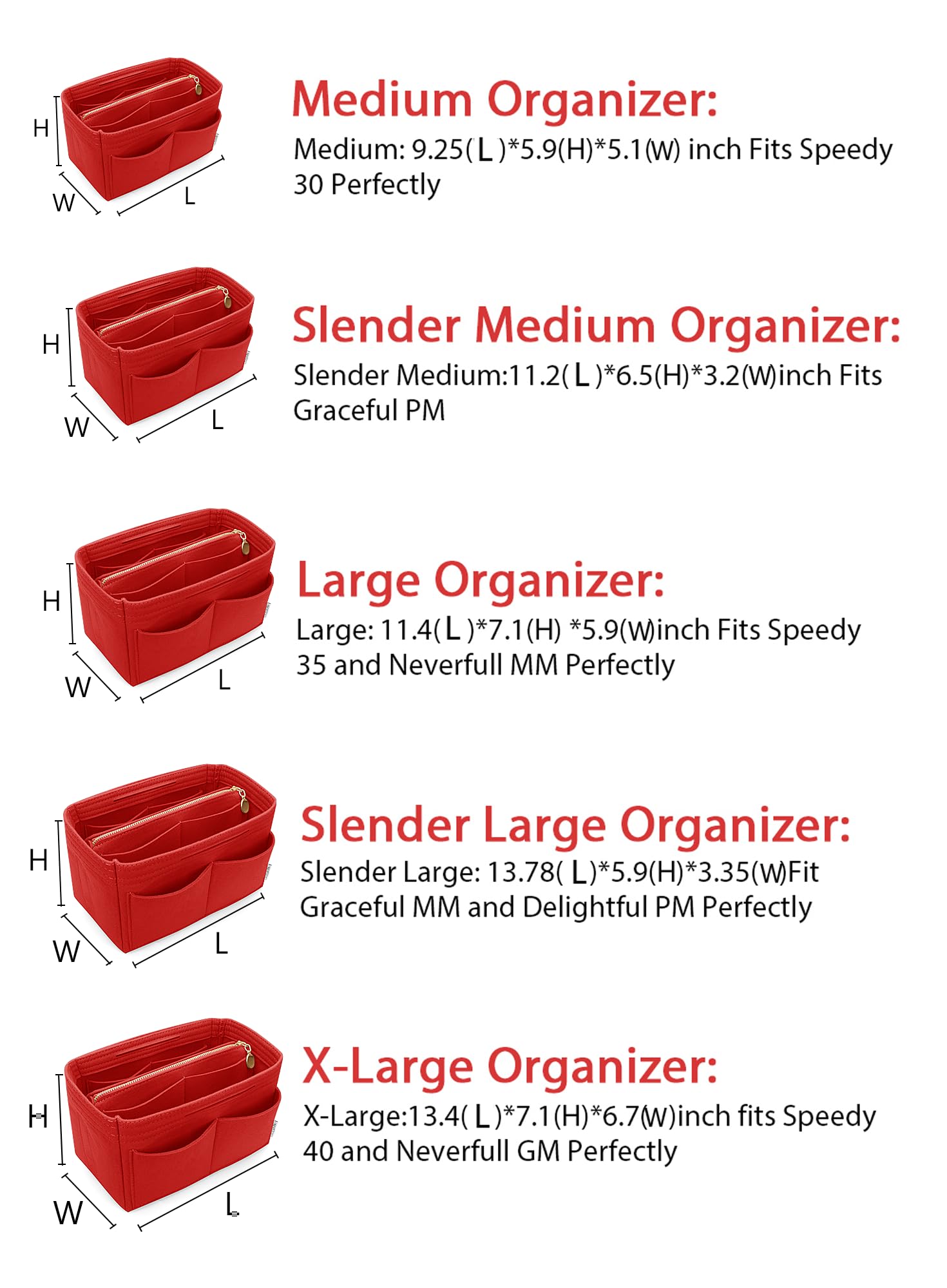 LEXSION Felt Purse Bag Organizer Insert with zipper Bag Tote Shaper Fit Speedy Neverful PM MM 8021 Red M