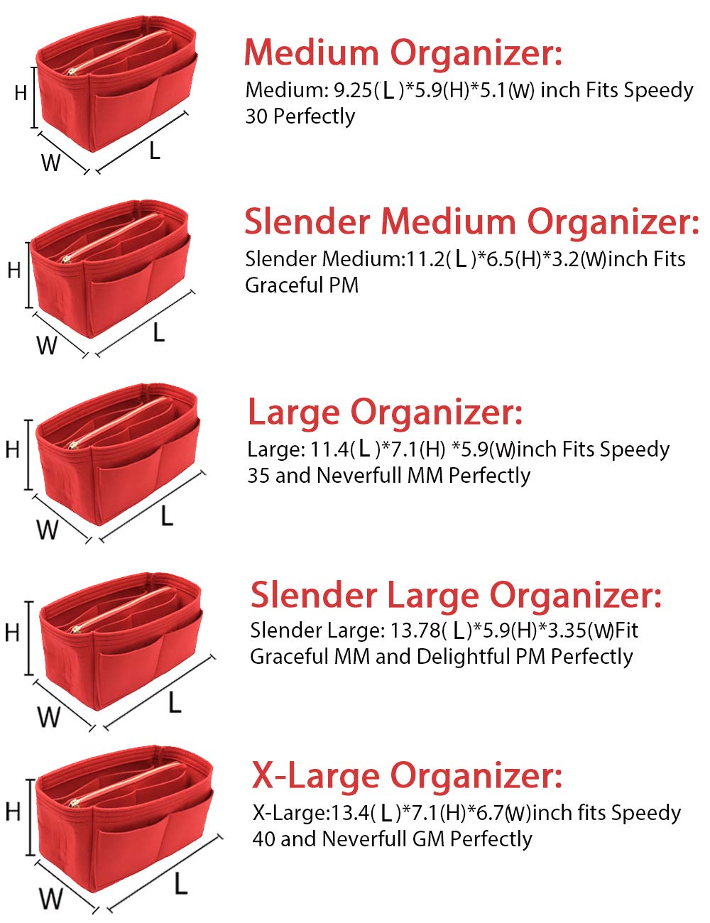 LEXSION Felt Purse Bag Organizer Insert with zipper Bag Tote Shaper Fit Speedy Neverful PM MM 8021 Red M