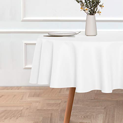 sancua Round Tablecloth - 60 Inch - Water Resistant Spill Proof Washable Polyester Table Cloth Decorative Fabric Table Cover for Dining Table, Buffet Parties and Camping, White