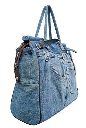 Bijoux De Ja X-Large Blue Denim Double Top Handle Tote Shopper Handbag Purse for women