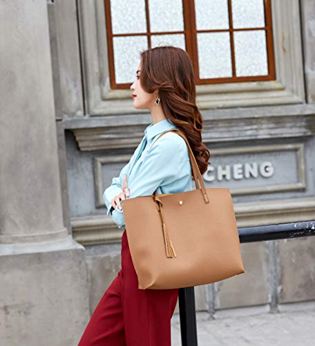 Dreubea Women's Soft Faux Leather Tote Shoulder Bag from, Big Capacity Tassel Handbag Raw Umber