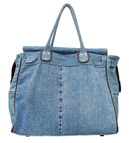 Bijoux De Ja X-Large Blue Denim Double Top Handle Tote Shopper Handbag Purse for women