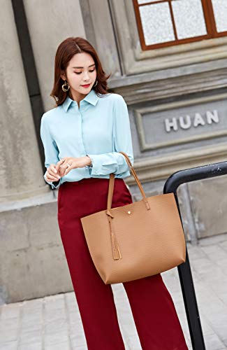 Dreubea Women's Soft Faux Leather Tote Shoulder Bag from, Big Capacity Tassel Handbag Raw Umber