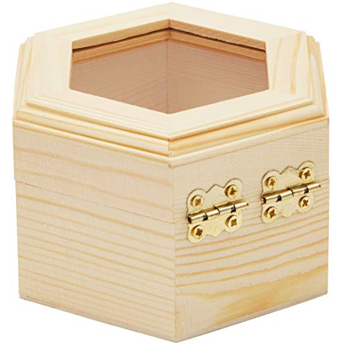 Unfinished Hexagon Wood Jewelry Box with Window and French Buckle (3-Pack)