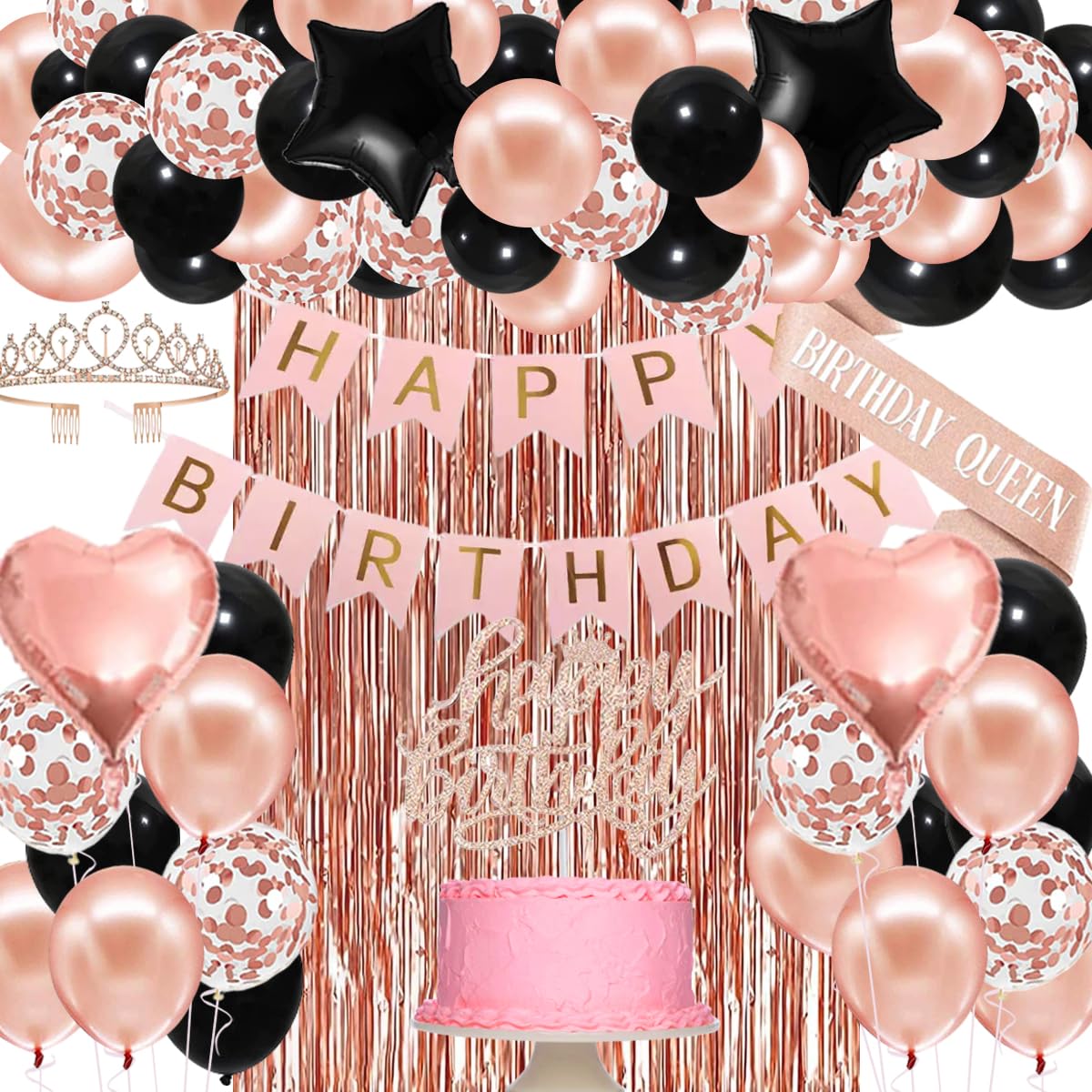 Birthday Decorations for Girl Women - Birthday Crown, Sash, HAPPY BIRTHDAY Banner , Cake Topper for Girl Women 18th 19th 21st 33th 40th 50th 60th 70th Birthday Decorations for Her Rose Gold