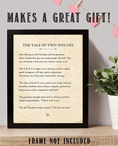 The Tale of Two Wolves Cherokee Poster - 11x14 Unframed Native American Book Page Print - Great Motivational and Inspirational Gift for Home and Office Native American Decor Under $15