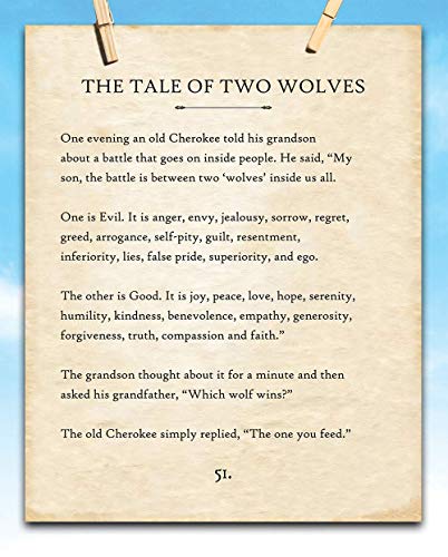 The Tale of Two Wolves Cherokee Poster - 11x14 Unframed Native American Book Page Print - Great Motivational and Inspirational Gift for Home and Office Native American Decor Under $15
