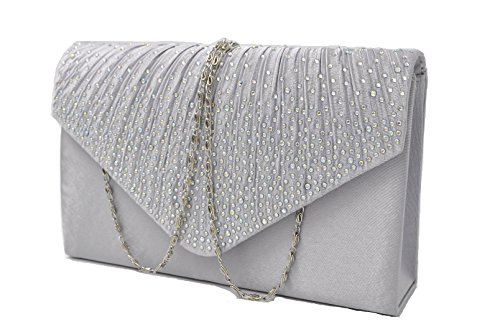 Nodykka Women Evening Envelope Rhinestone Frosted Handbag Party Bridal Clutch Purse Shoulder Cross Body Bag, Silver
