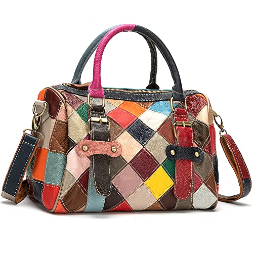 Women Handbag Genuine Leather Top Handle Handbag Vintage Totes Multicolor Splice Purse Tote Bag with Long Strap