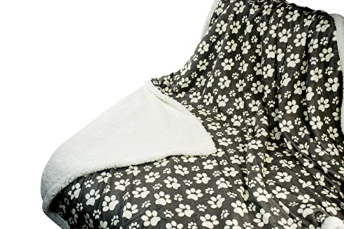 Longrich Flannel Paw Print & Ultra Soft Sherpa Throw Blanket, 50" W X 60" W, Grey with Brown Paw Print