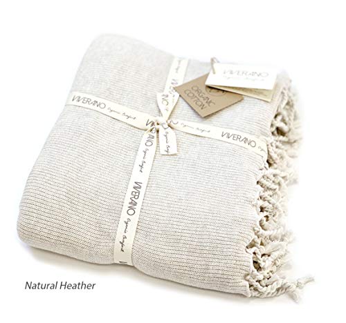 100% Organic Cotton Knit Throw Blanket with Tassels (70x80) Soft Stretchy Warm Lightweight All-Season Non-Toxic Eco-Friendly (Natural Heather)