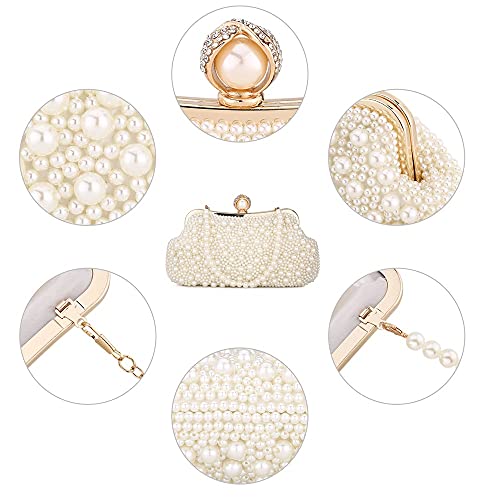 UBORSE Women Pearl Clutch Bead Rhinestone Evening Clutch Bag with removable Pearl Chain Ivory White