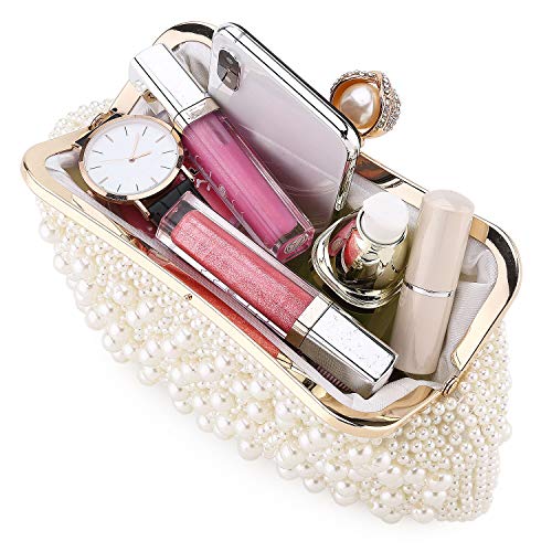 UBORSE Women Pearl Clutch Bead Rhinestone Evening Clutch Bag with removable Pearl Chain Ivory White