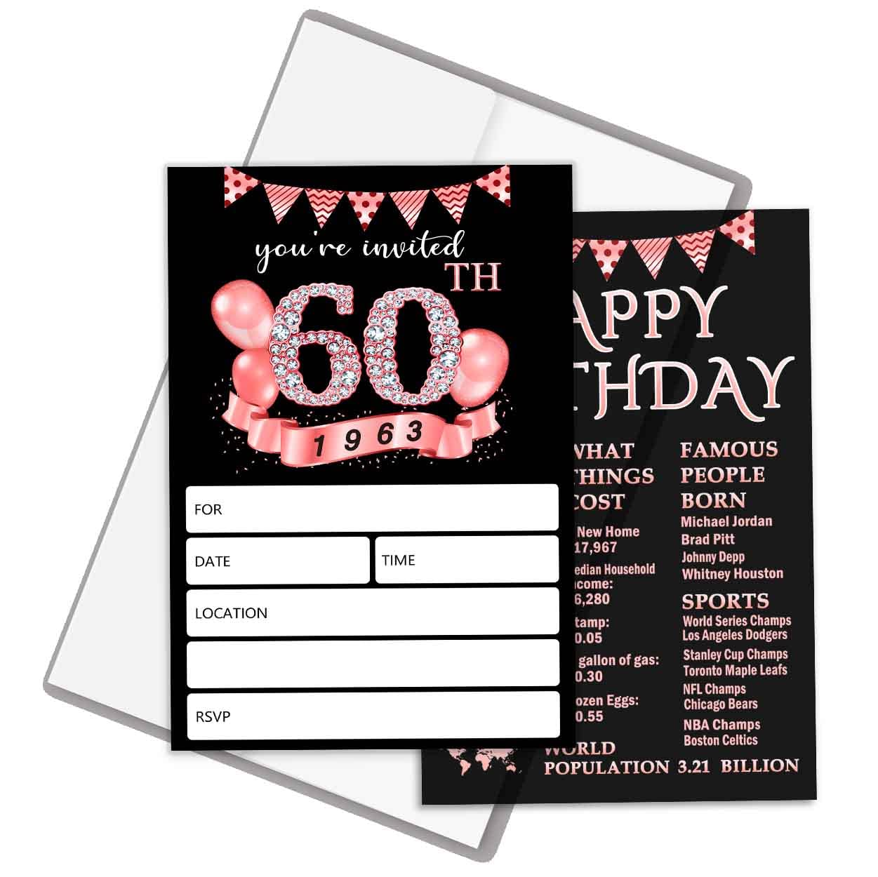 QZCYU 60th Birthday Invitations with Envelopes For Woman, 60th Birthday Party Invitations, Black & Rose Gold Adult Birthday Invitations - Set of 20