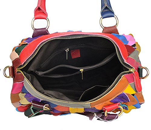 Sibalasi Women’s Multicolor Boston Bag Colorful Tote Leather Bag Unique Genuine Leather Handbag Designer Purse (Leaves)