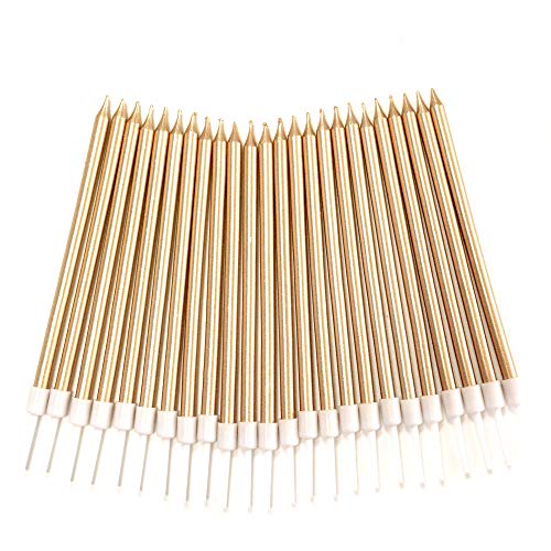 24 Count Birthday Party Long Thin Cake Candles Metallic Birthday Candles in Holders for Birthday Cakes Decorations , Champagne Gold by Lucky Party