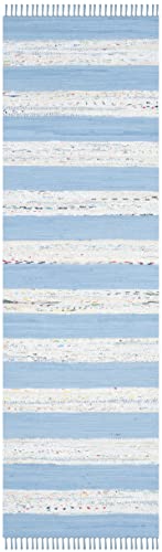 SAFAVIEH Montauk Collection 2'3" x 7' Ivory / Turquoise MTK720C Handmade Stripe Fringe Cotton Runner Rug