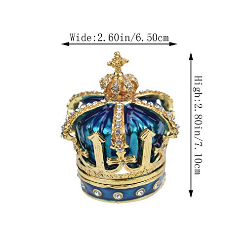 QIFU Hand Painted Enameled Blue Crown Style Decorative Hinged Jewelry Trinket Box Unique Gift or Home Decor