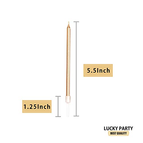 24 Count Birthday Party Long Thin Cake Candles Metallic Birthday Candles in Holders for Birthday Cakes Decorations , Champagne Gold by Lucky Party