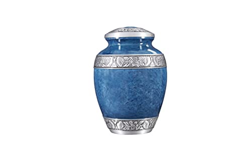 GSM Brands Cremation Urn for Adult Human Ashes - Large Handcrafted Funeral Memorial with Striking Blue Design (Aluminum - 10 Inch Height x 7 Inch Width)