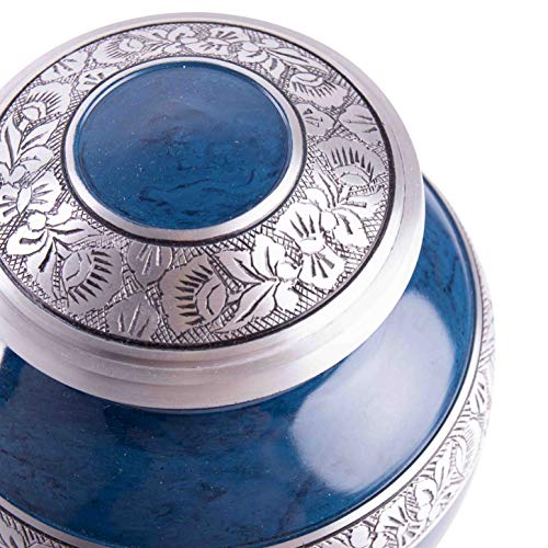 GSM Brands Cremation Urn for Adult Human Ashes - Large Handcrafted Funeral Memorial with Striking Blue Design (Aluminum - 10 Inch Height x 7 Inch Width)