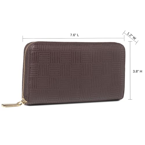 Daisy Rose Women’s Zip-Around Wallet & Phone Clutch with RFID Blocking, PU Vegan Leather (Brown Check)