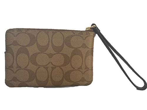 Coach Signature PVC Leather Corner Zip Wristlet F58035 - Khaki/Black, Small