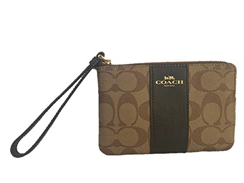 Coach Signature PVC Leather Corner Zip Wristlet F58035 - Khaki/Black, Small