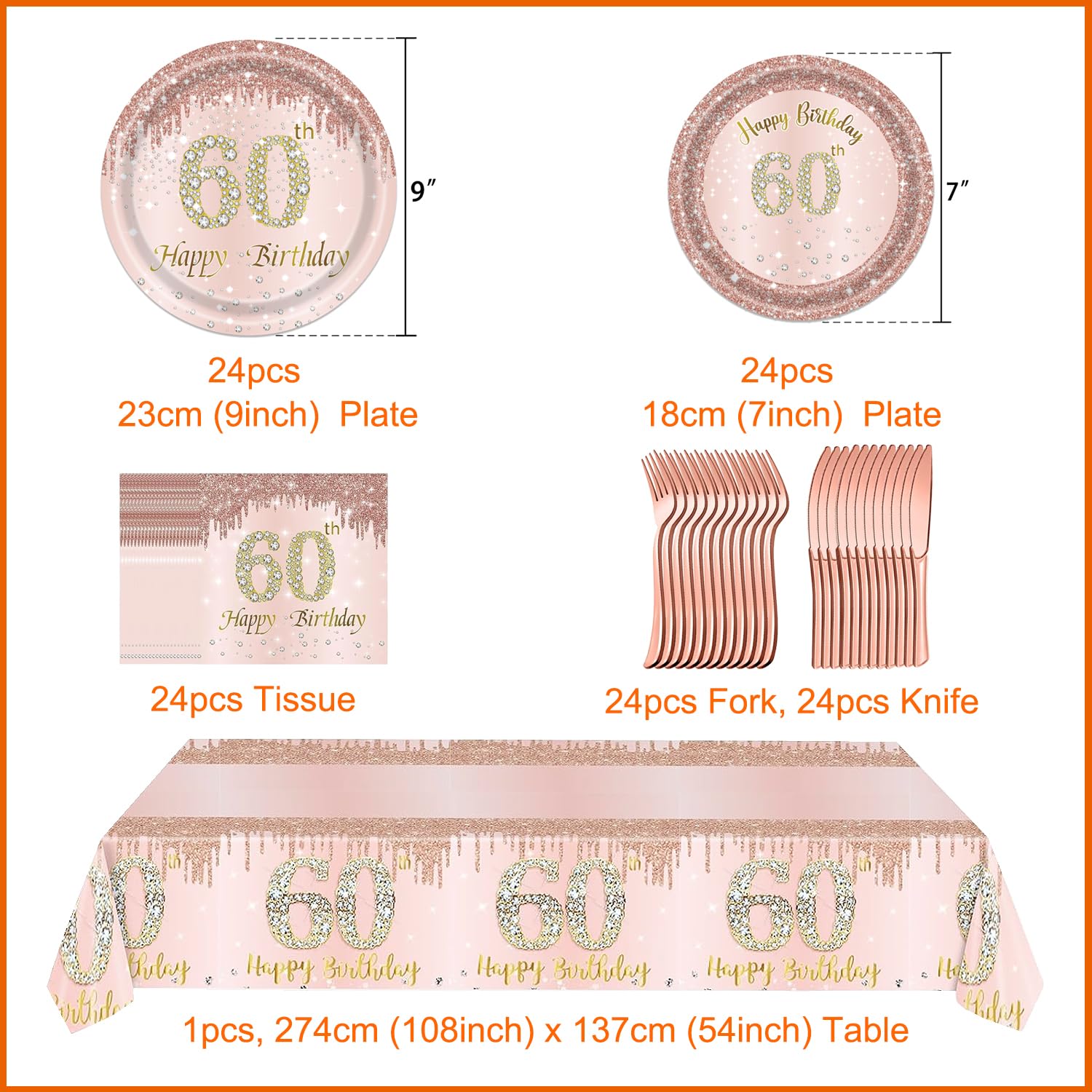Rose Gold Birthday Party Supplies,Disposable Party Tableware Sets - 60 Years Paper Plates,Napkins,Plastic Forks Knives,Tablecloths,60th Birthday Decorations for Women,24 Guests