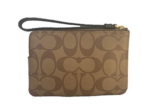 Coach Signature PVC Leather Corner Zip Wristlet F58035 - Khaki/Black, Small