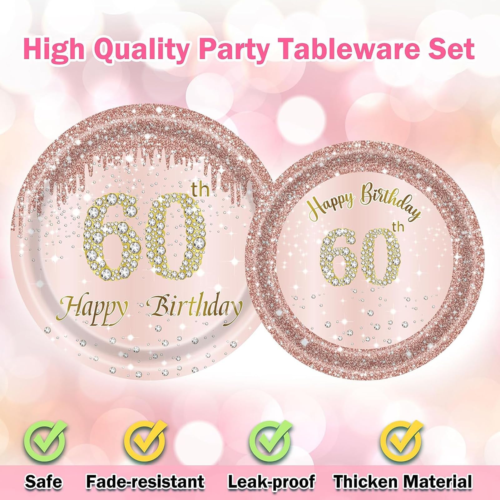 Rose Gold Birthday Party Supplies,Disposable Party Tableware Sets - 60 Years Paper Plates,Napkins,Plastic Forks Knives,Tablecloths,60th Birthday Decorations for Women,24 Guests