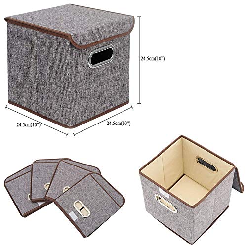 BeigeSwan Storage Bin [Set of 4] Linen Fabric Foldable Container with Lid, Collapsible Organizer Boxes Cubes ¨C 10 x 10 x 10 Inches (Gray)