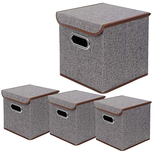 BeigeSwan Storage Bin [Set of 4] Linen Fabric Foldable Container with Lid, Collapsible Organizer Boxes Cubes ¨C 10 x 10 x 10 Inches (Gray)